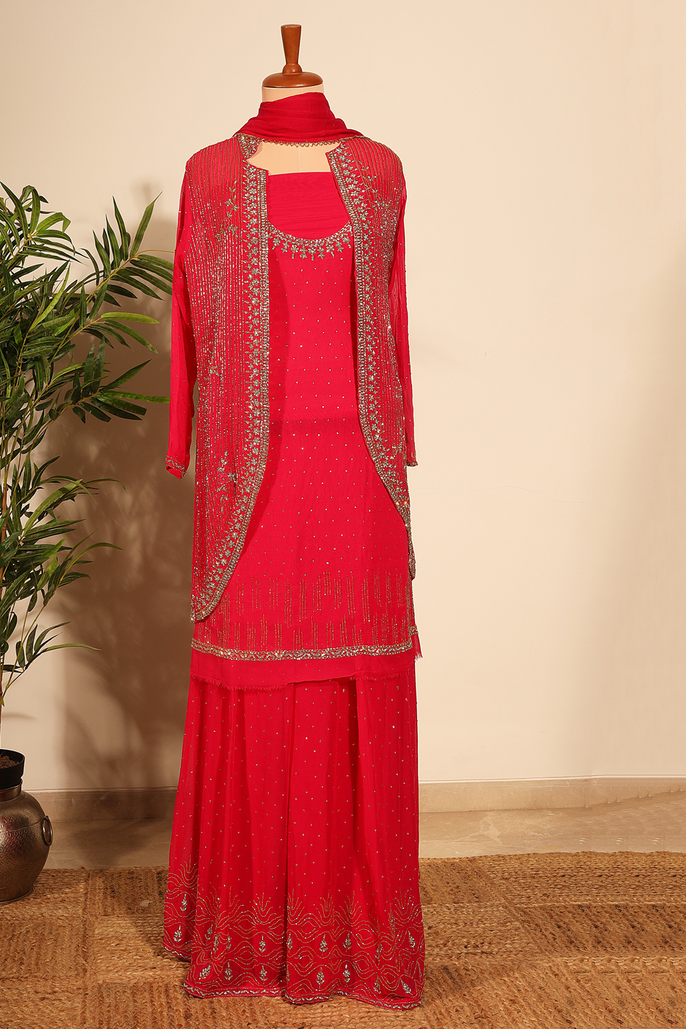 CHERRY RED GEORGETTE EMBROIDERED UNSTITCHED SUIT PIECE PAIRED WITH A ...