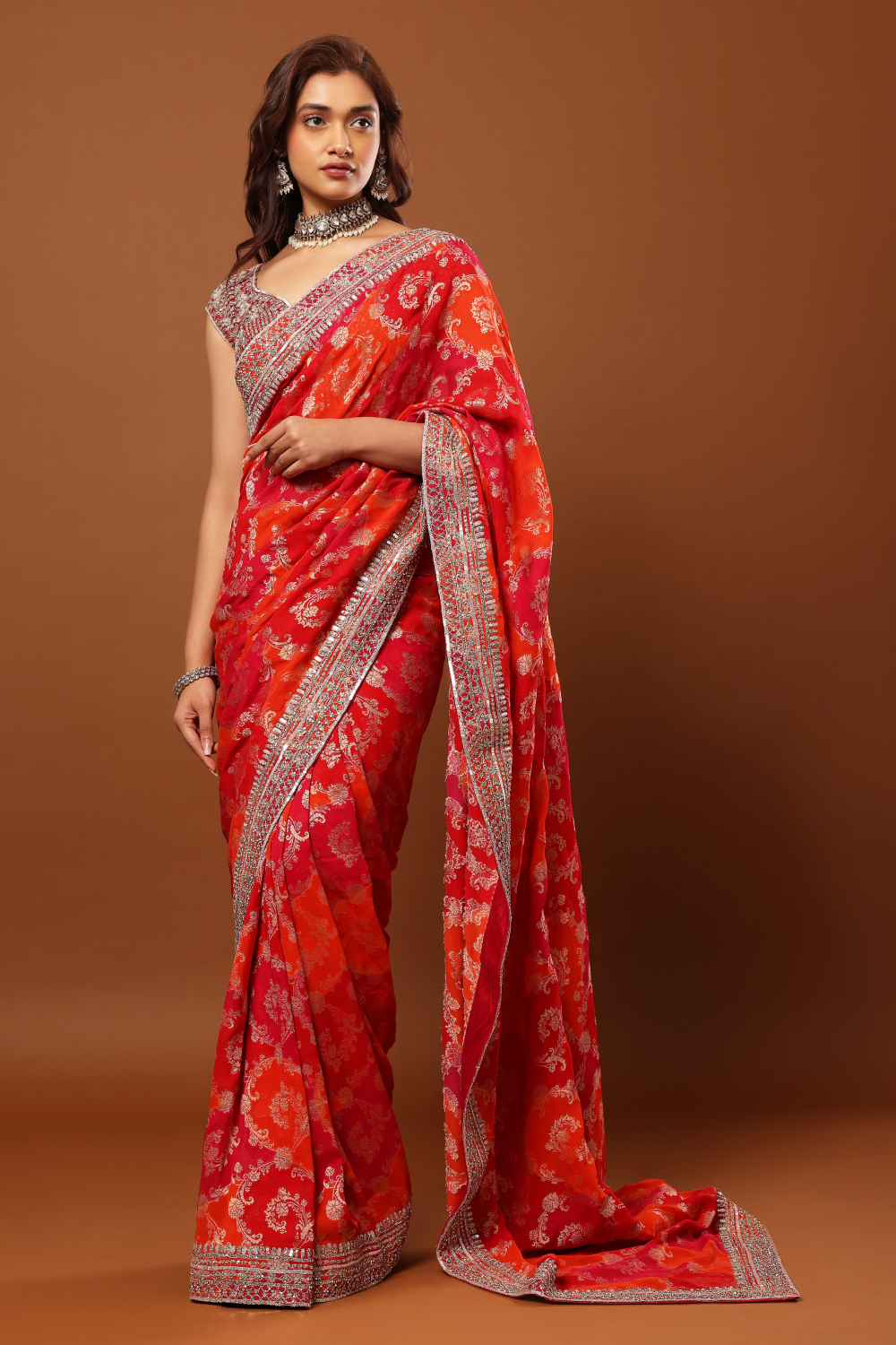 RED AND ORANGE TWO TONE CLASSIC BANARASI SAREE SET PAIRED WITH A ...