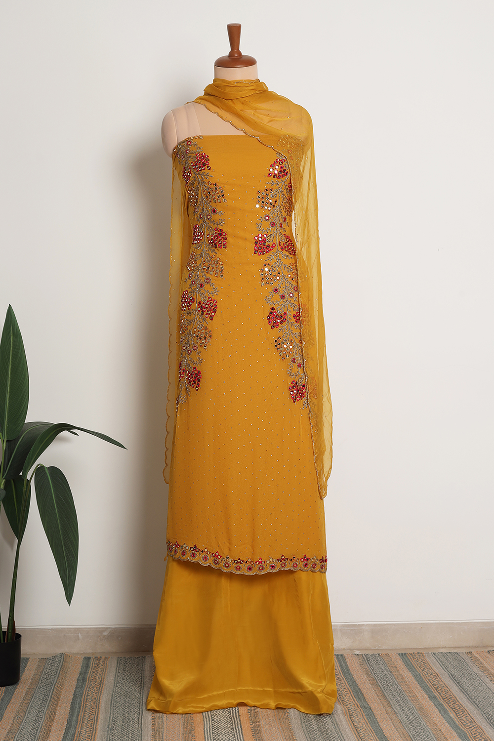 MUSTARD YELLOW FLORAL EMBROIDERED UNSTITCHED SUIT SET AND A CREPE SILK ...
