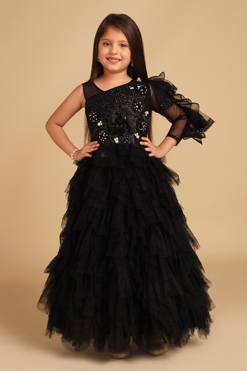 KIDS RAVEN BLACK TIERED AND RUFFLED TULLE GOWN SET WITH A ONE SHOULDER ...
