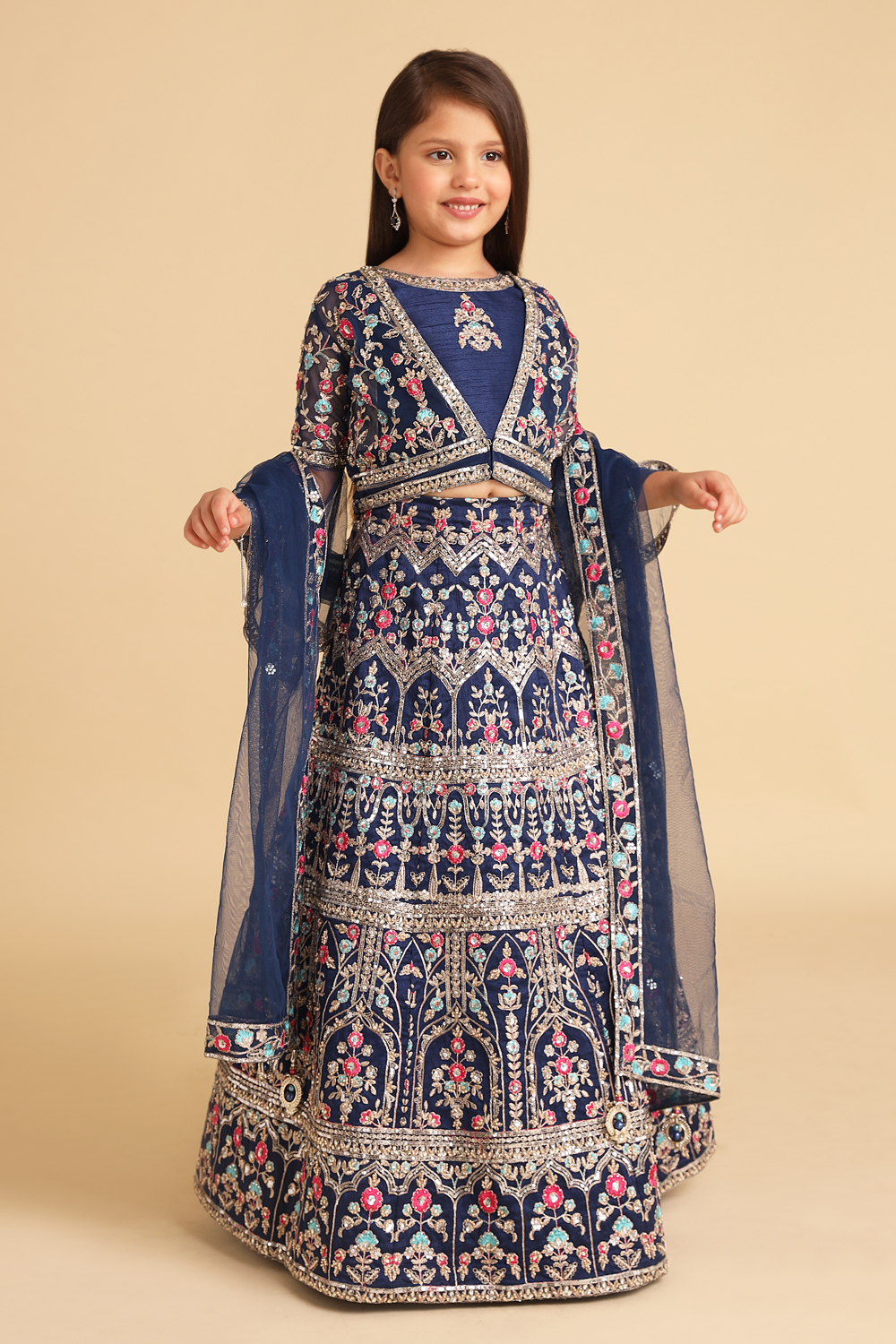 KIDS DEEP BLUE LEHENGA SET WITH ALL OVER MULTI COLOURED FLORAL ...