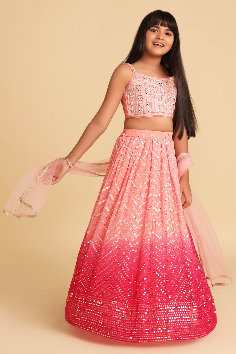 KIDS ROSE PINK OMBRÉ ‘ABLA’ WORK PATTERNED LEHENGA SET AND A MIRROR ...