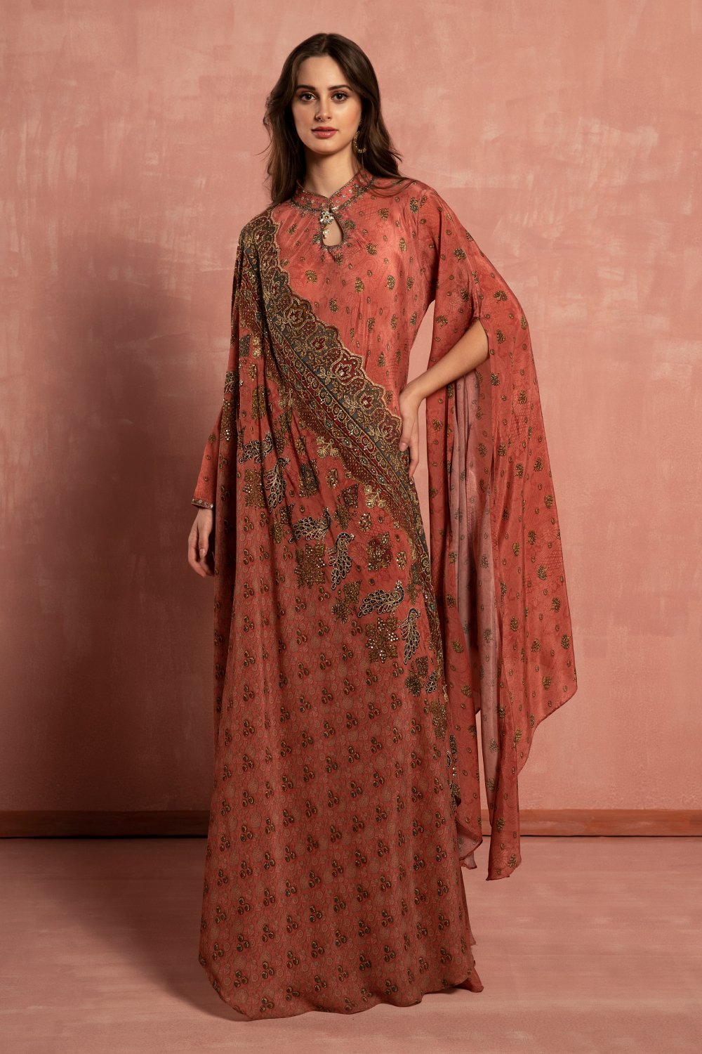 BURNT ORANGE LONG PRINTED GOWN SET WITH DRAPED SLIT SLEEVES PAIRED WITH ...