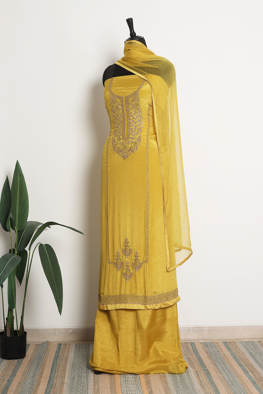DEEP YELLOW UNSTITCHED SILK SUIT SET WITH A GOLD EMBROIDERED NECKLINE PAIRED WITH A MATCHING ...