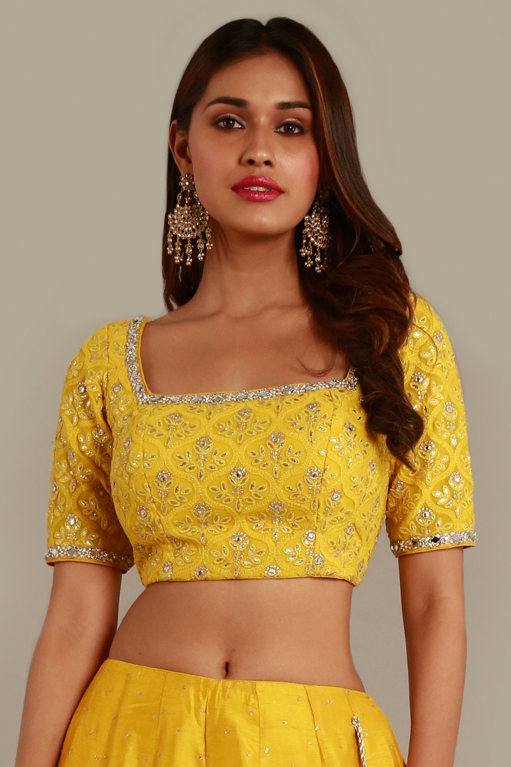 DAISY YELLOW CLASSIC BLOUSE WITH THREAD WORK, MIRROR WORK NECKLINE AND ...