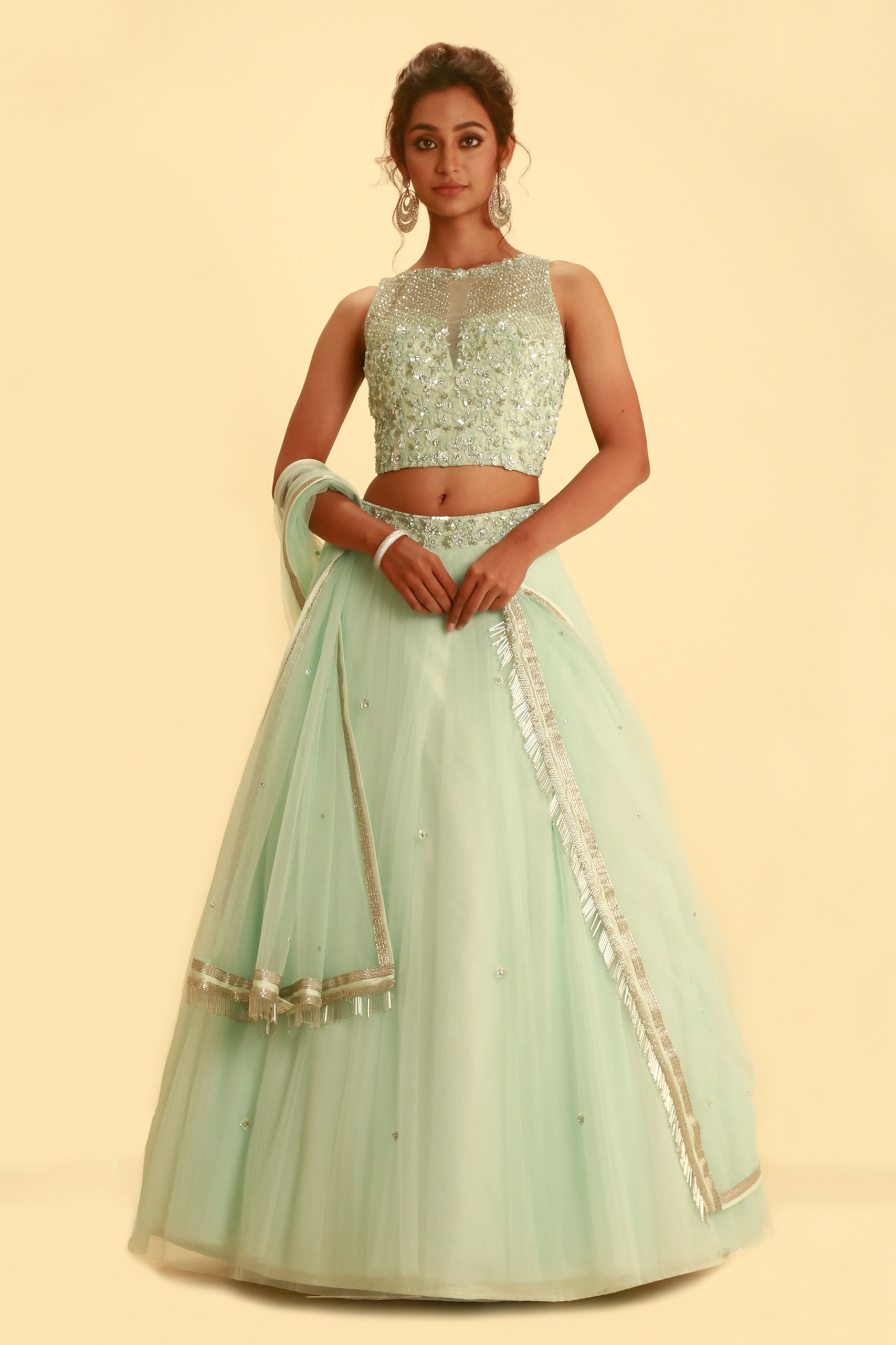 POWDER BLUE TULLE LEHENGA SET WITH ZARDOZI AND AARI HANDWORK AND A ...