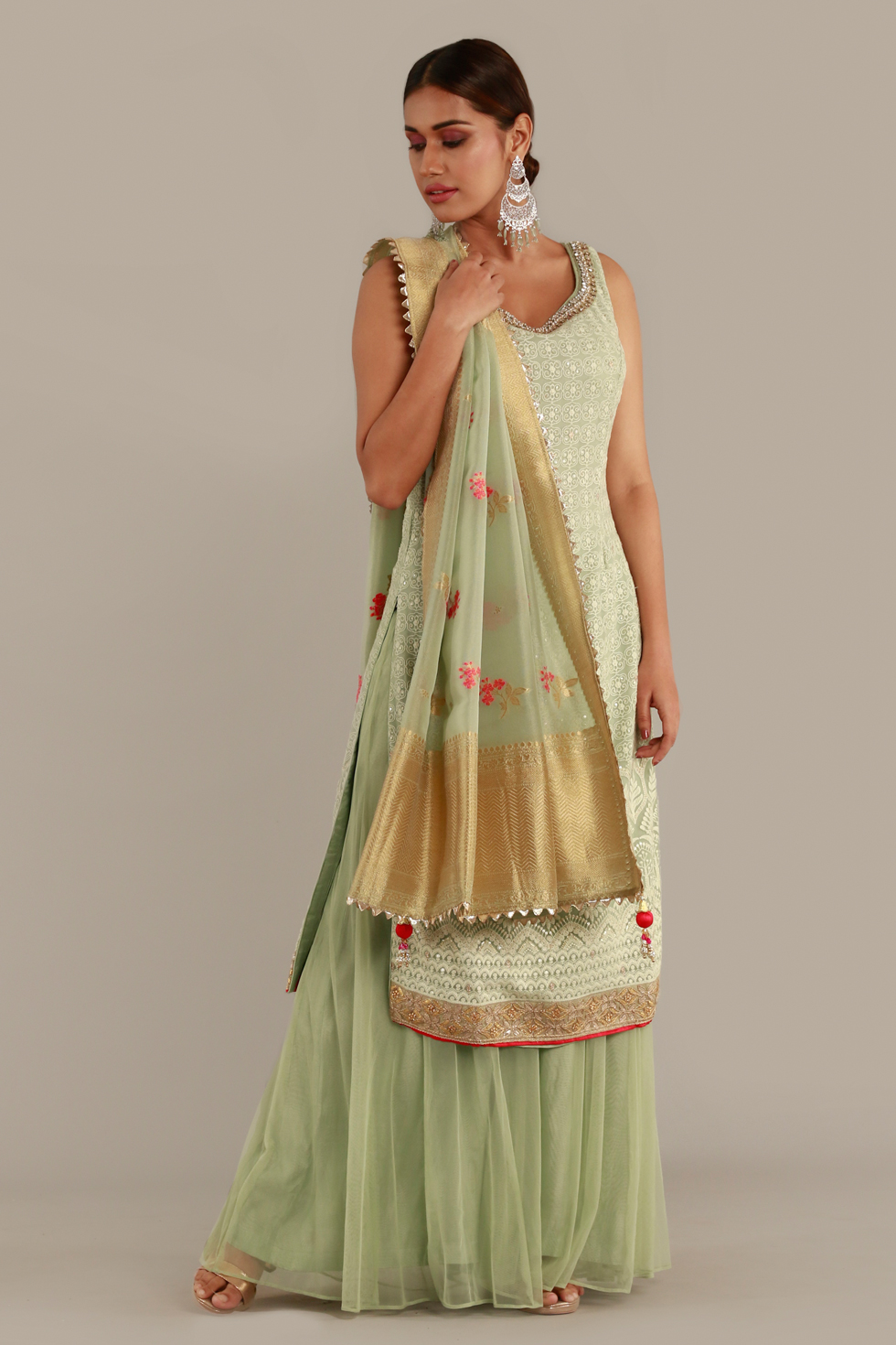 PASTEL GREEN PALAZZO SET WITH THREAD WORK AND EMBROIDERED NECKLINE WITH ...